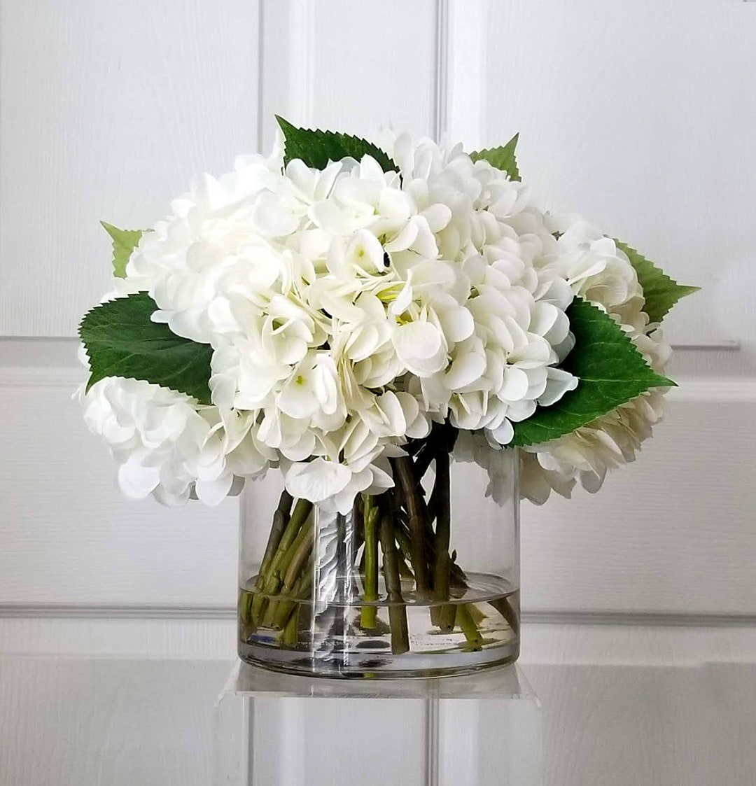 Large SILK White Hydrangea Arrangement in Cylinder Glass Vase-modern ...