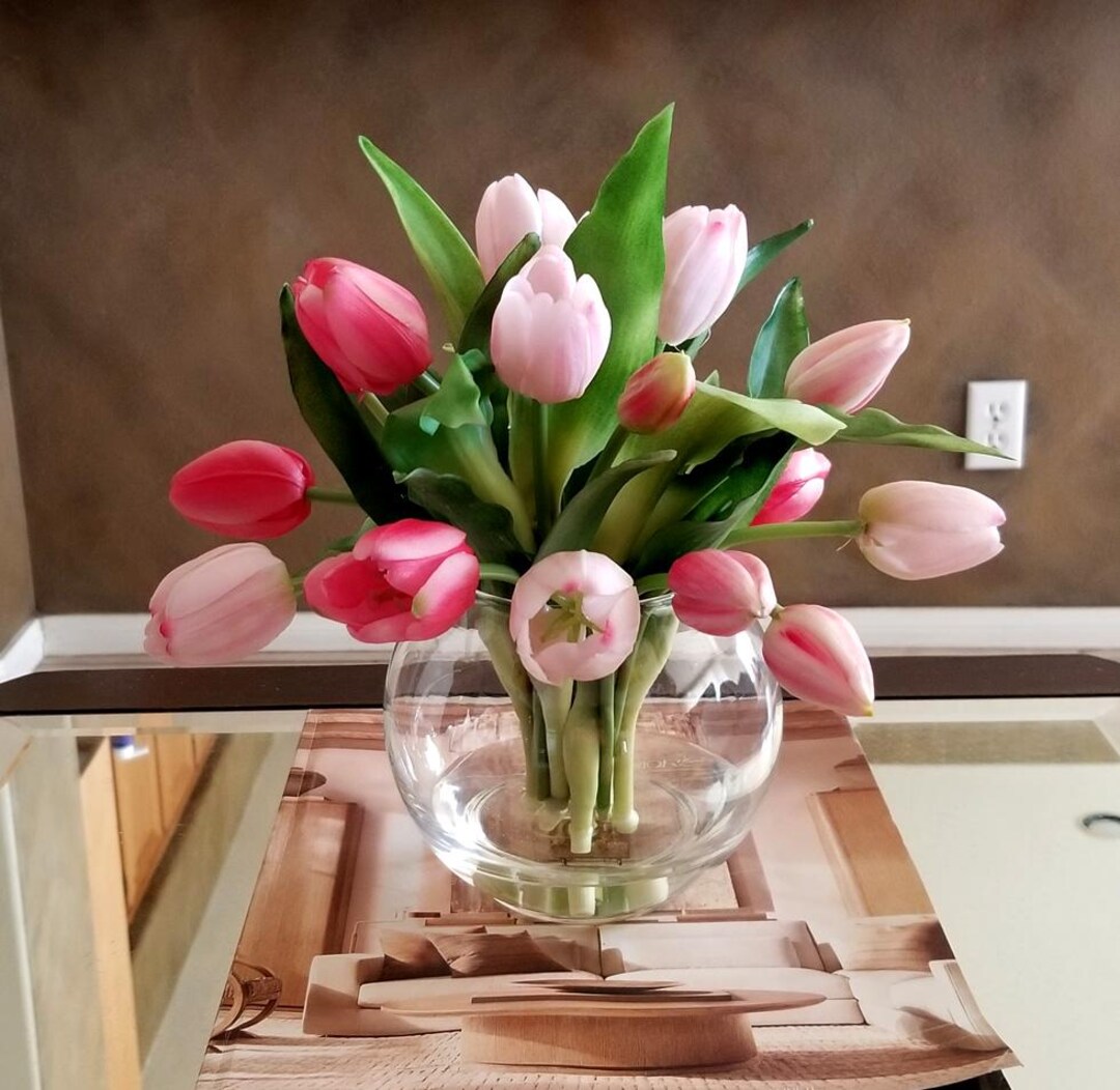 Real Touch Flowers Centerpiece-pink Tulips Spring Table Arrangement ...