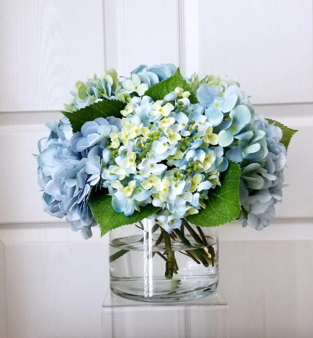Large SILK Blue Hydrangea Arrangement in Cylinder Glass Vase-modern ...