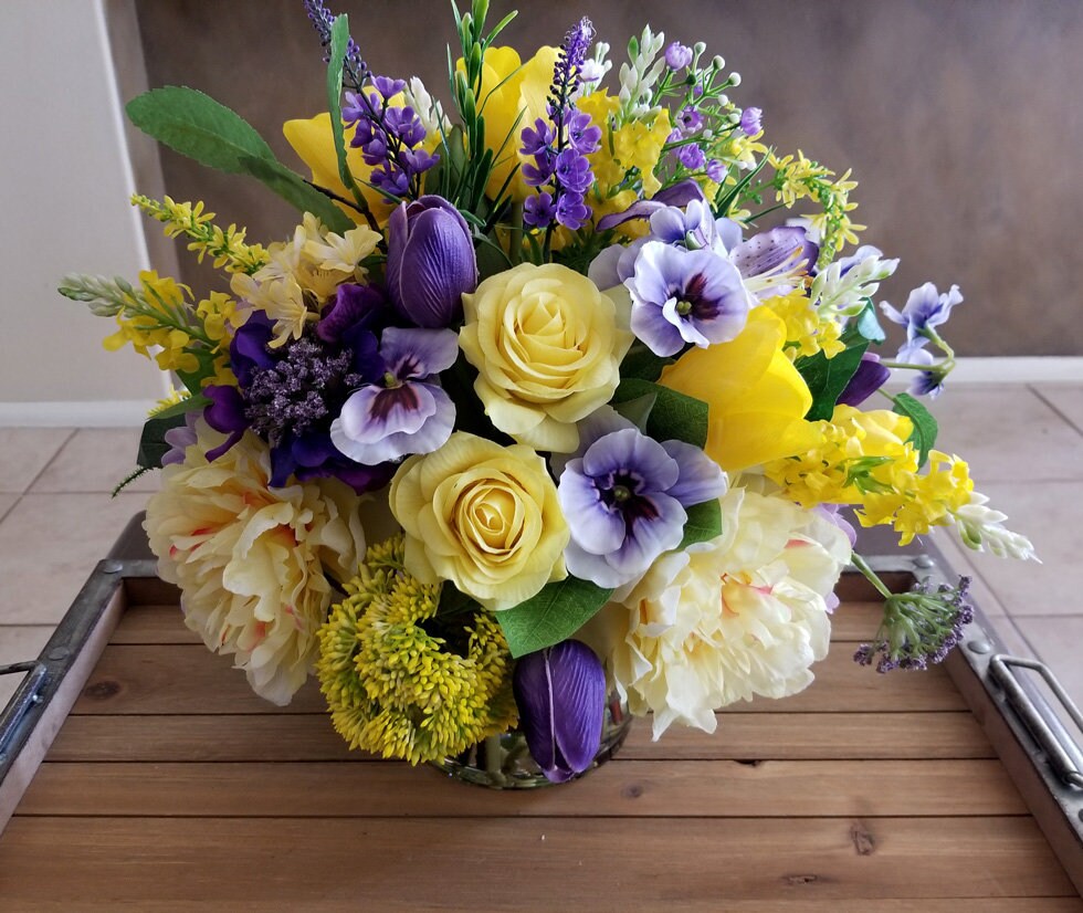 Yellow Roses Flower Arrangement silk Flowers Spring easter Flowers Centerpiece silk Flowers in Home Decor yellow purple Silk Floral Etsy