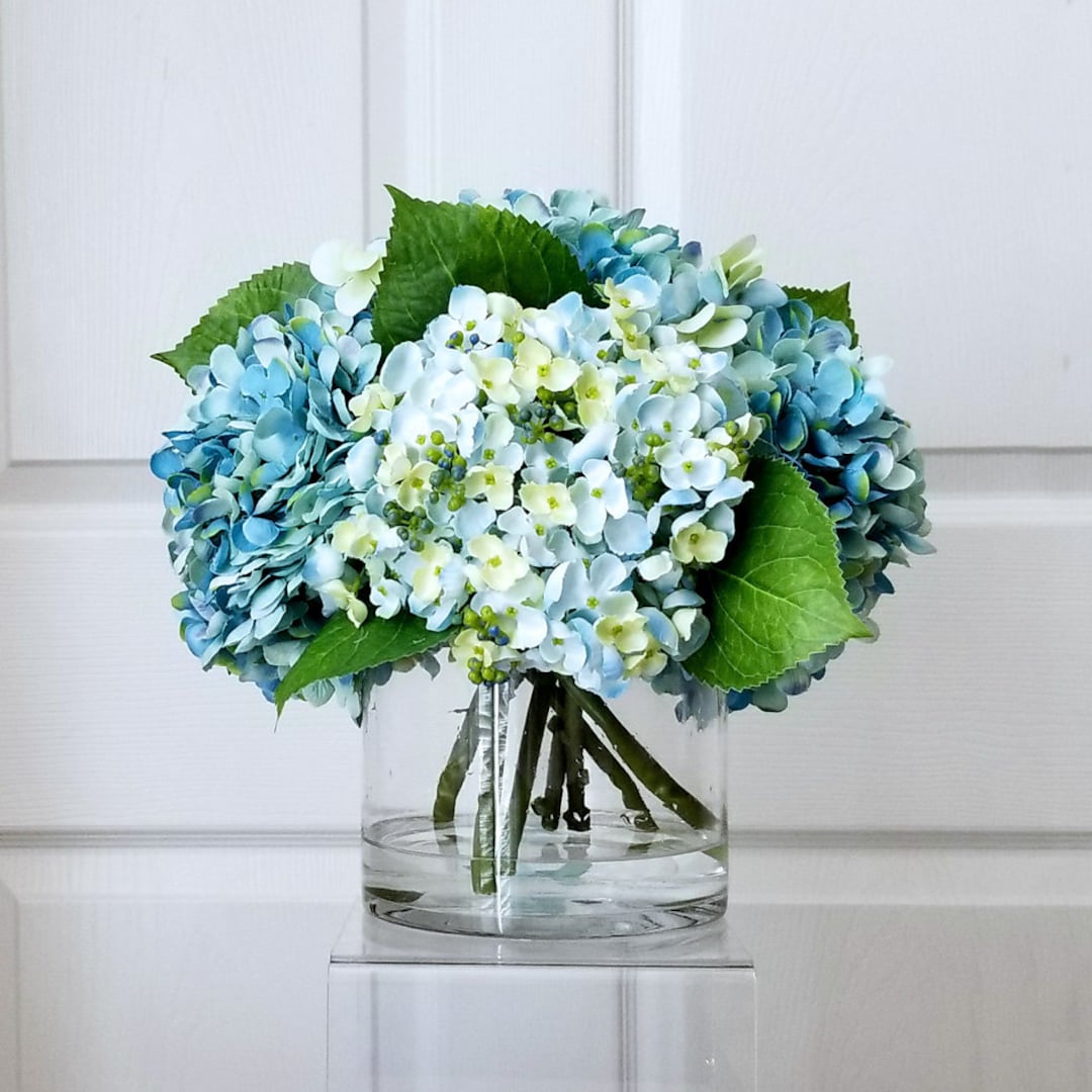 SILK Aqua Blue Hydrangea Arrangement in Cylinder Glass Vase-modern ...