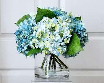 SILK Blue Hydrangea Arrangement in Cylinder Glass Vase-modern Farmhouse ...