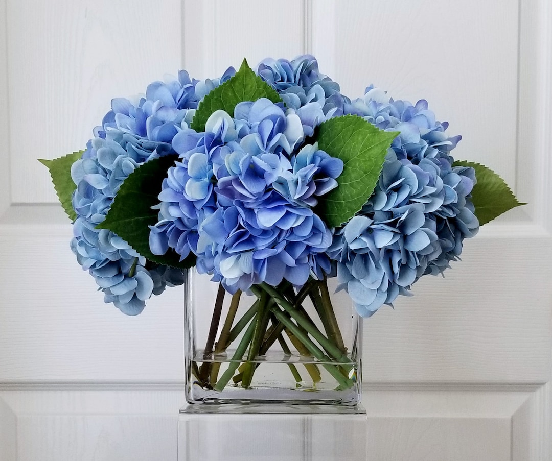 SILK Blue Hydrangea Arrangement in Cylinder Glass Vase-modern Farmhouse ...
