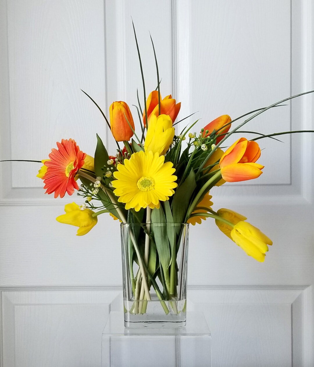 Spring/easter Real Touch Gerbera and Tulips Yellow Flower Arrangement-silk Flowers Spring/easter ...