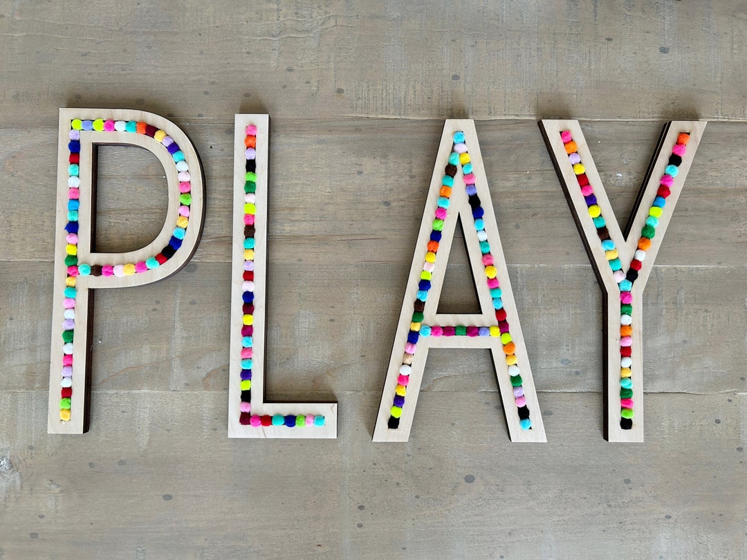Pom Pom Play Word Sign, Colorful Playroom Sign, Pom Pom Letters for ...