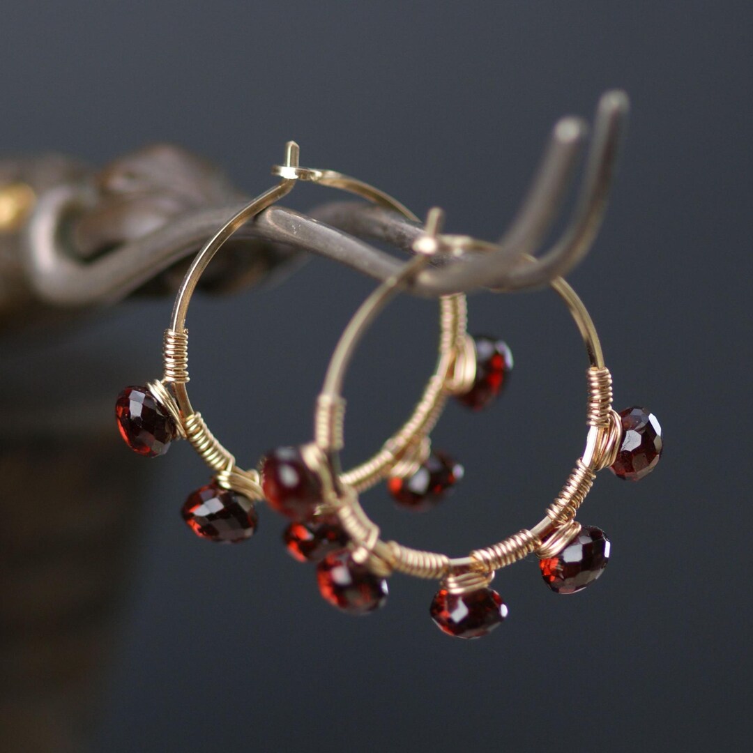 Red Garnet Hoop Earrings, Red Gemstone Earrings in Gold Filled, January ...