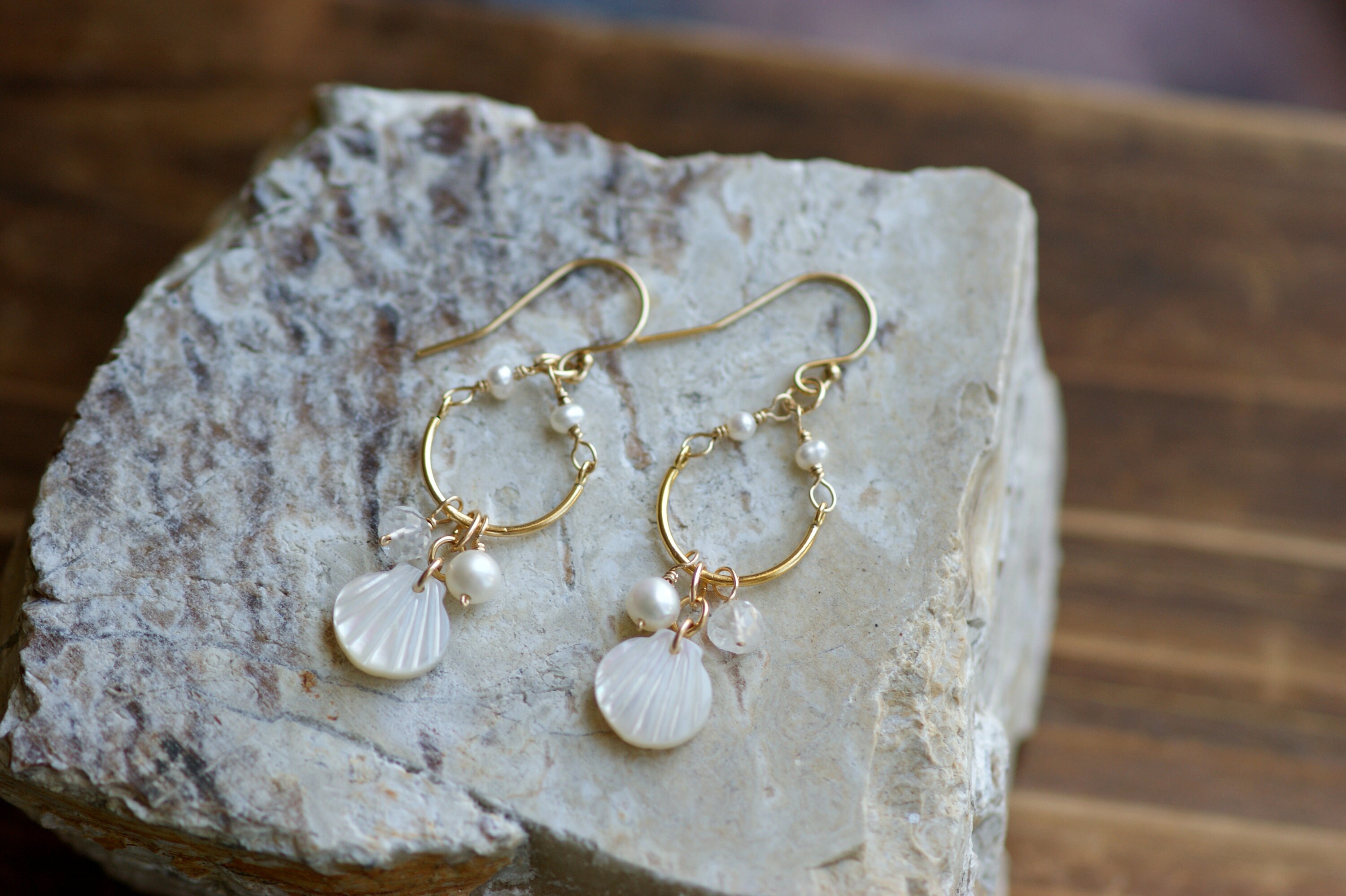 Moonstone Pearl Seashell Dangle Earrings Mother of Pearl in - Etsy