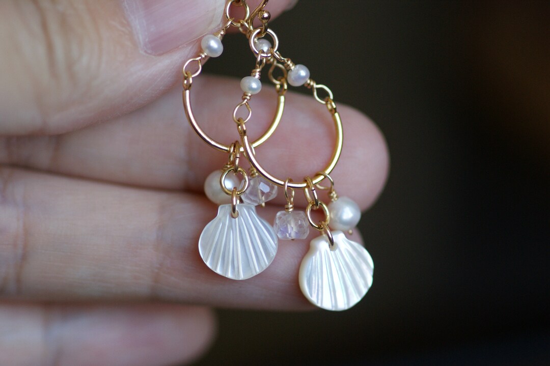 Moonstone, Pearl, Seashell Dangle Earrings, Mother of Pearl in Gold Filled Earrings - Etsy