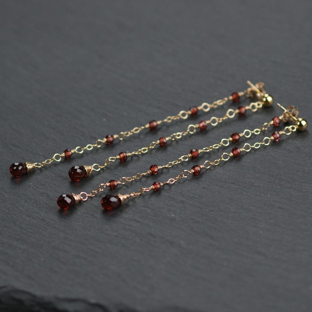 14K Gold Filled Red Garnet Drop Earrings: Long Dangly Gemstone - Etsy