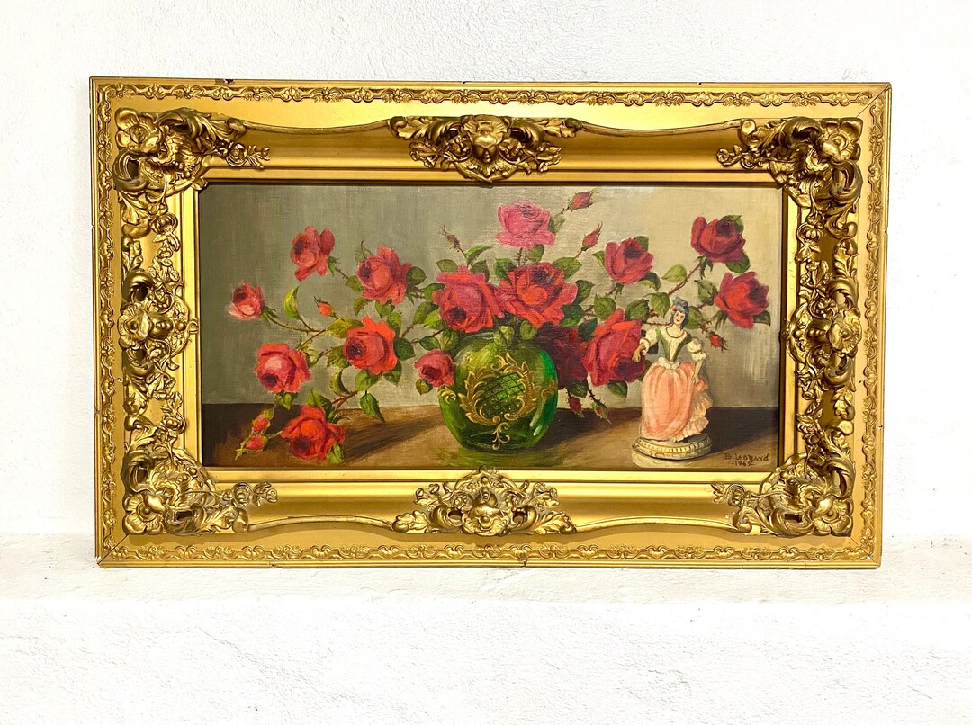 Still Life of Red Roses in Gilded Frame, 20th C. Impressionist Beatrice ...