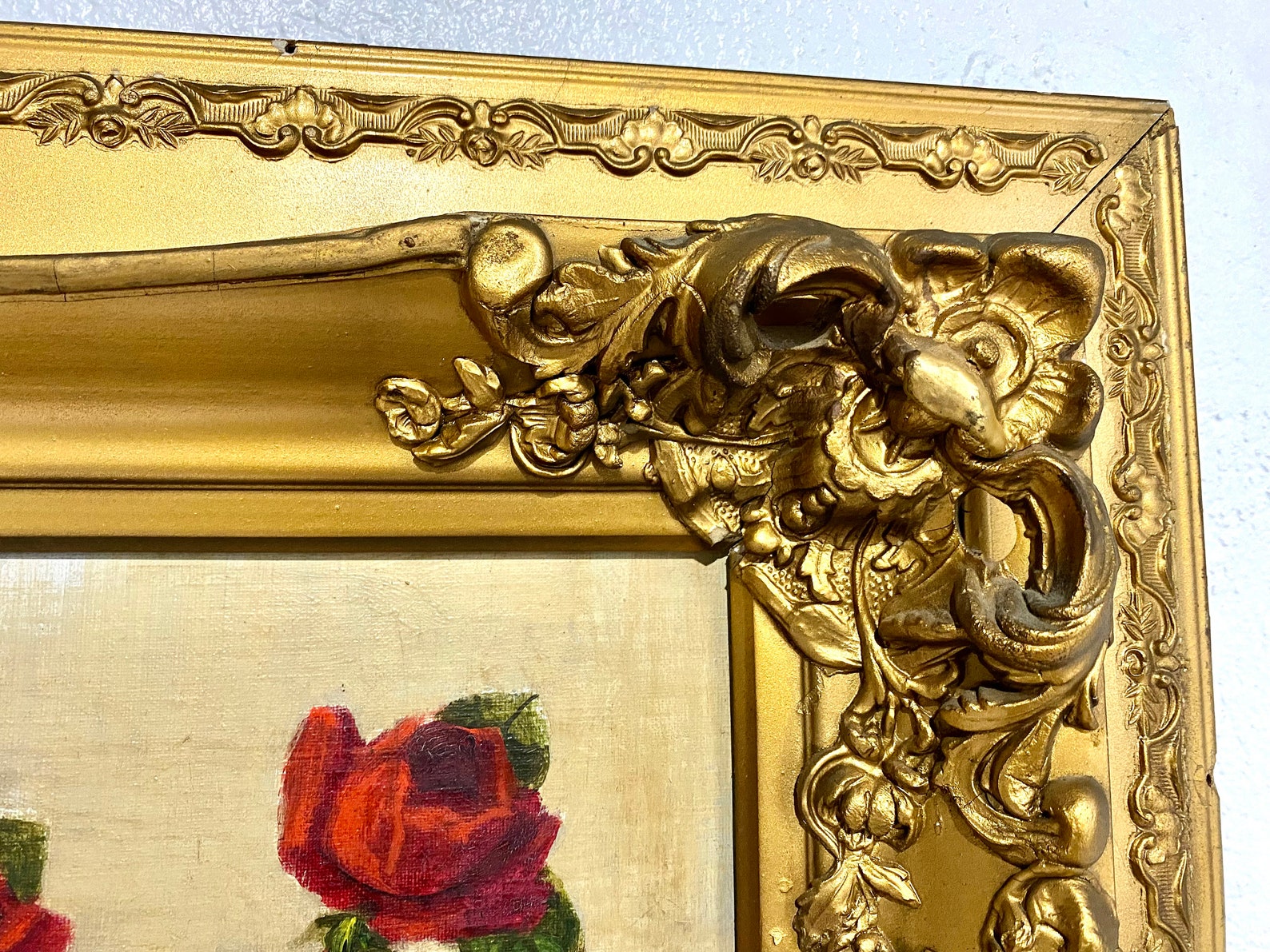 Still Life of Red Roses in Gilded Frame, 20th C. Impressionist Beatrice ...