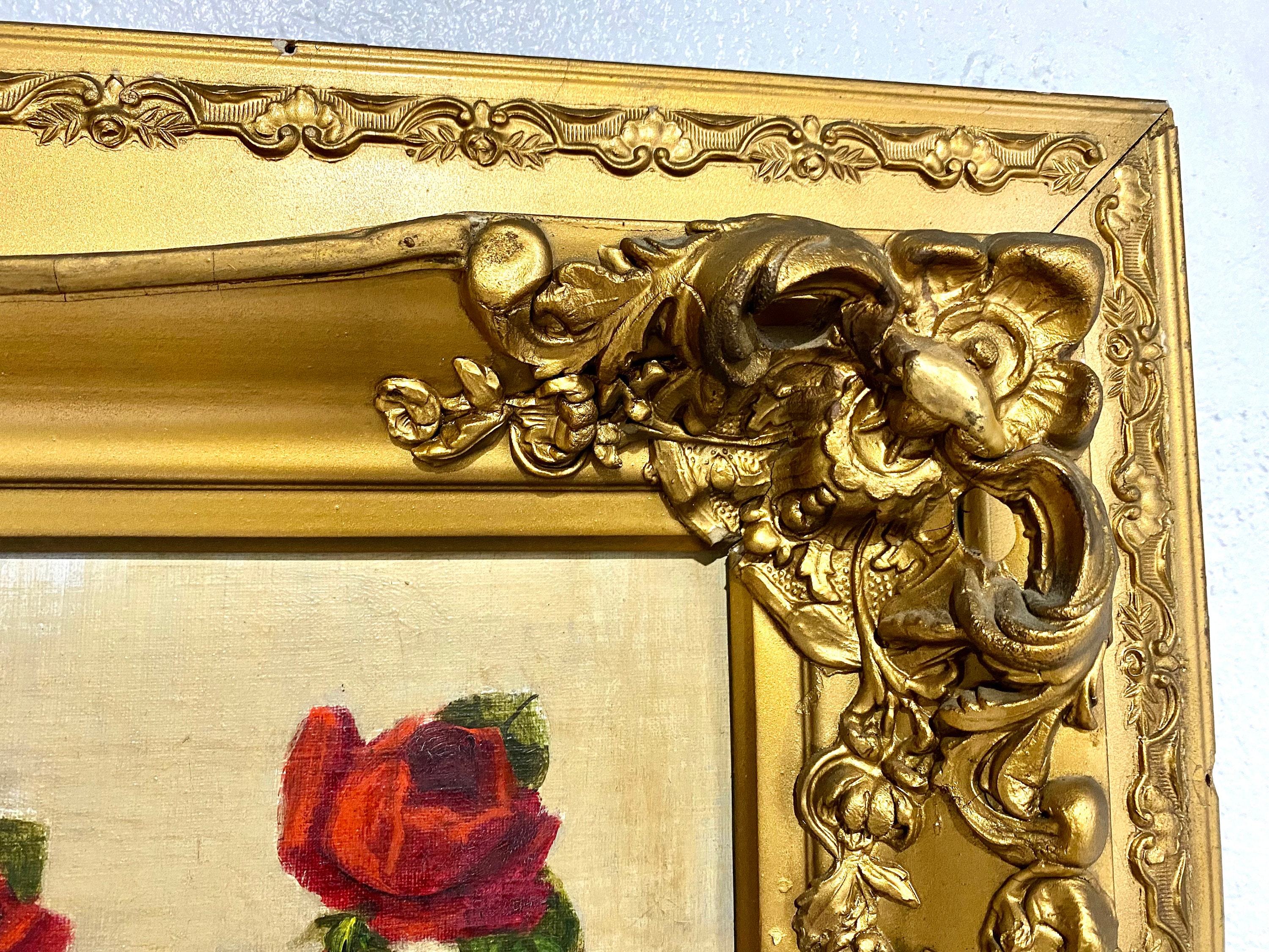 Still Life of Red Roses in Gilded Frame, 20th C. Impressionist Beatrice ...