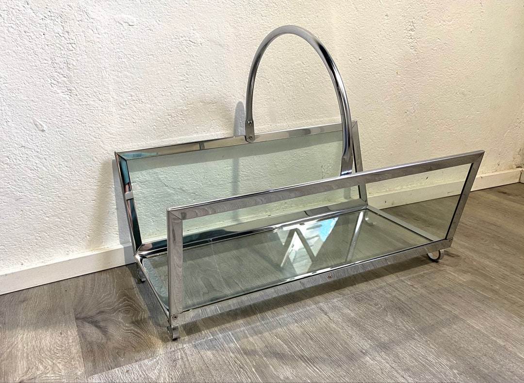Modern Chrome & Glass Log Holder / MCM Minimalist Magazine Rack - Etsy