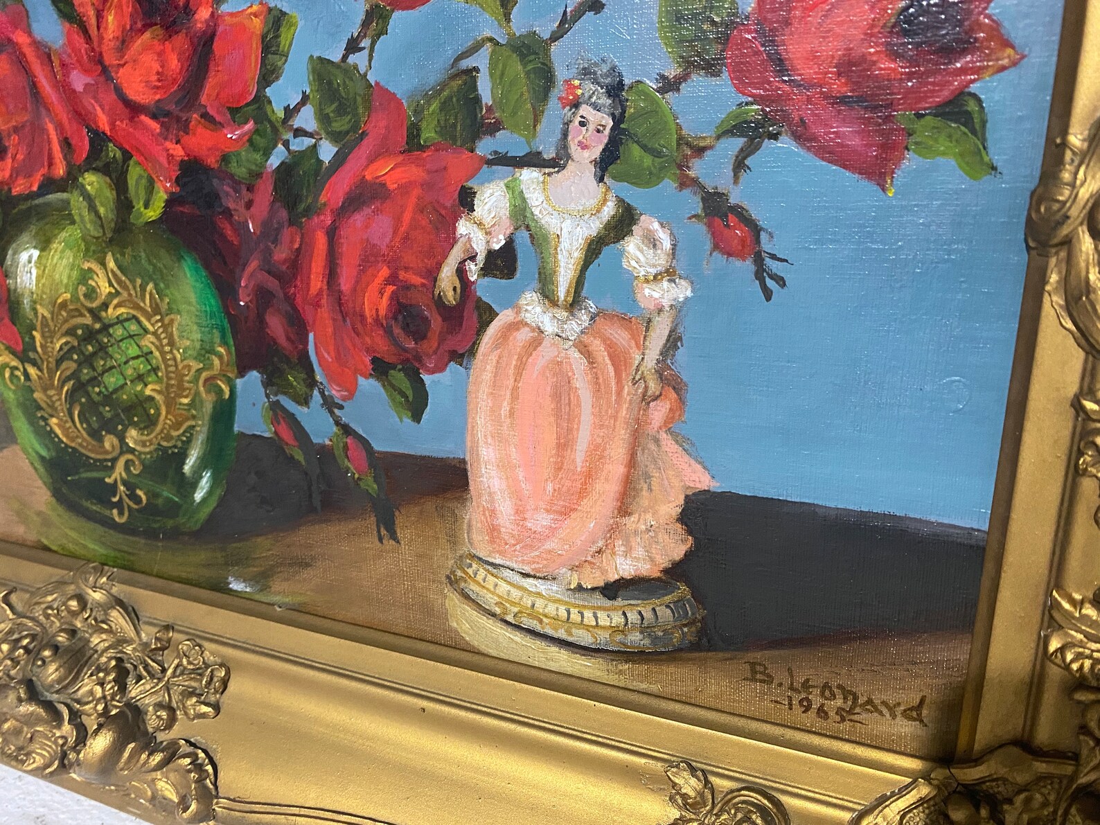 Still Life of Red Roses in Gilded Frame, 20th C. Impressionist Beatrice ...