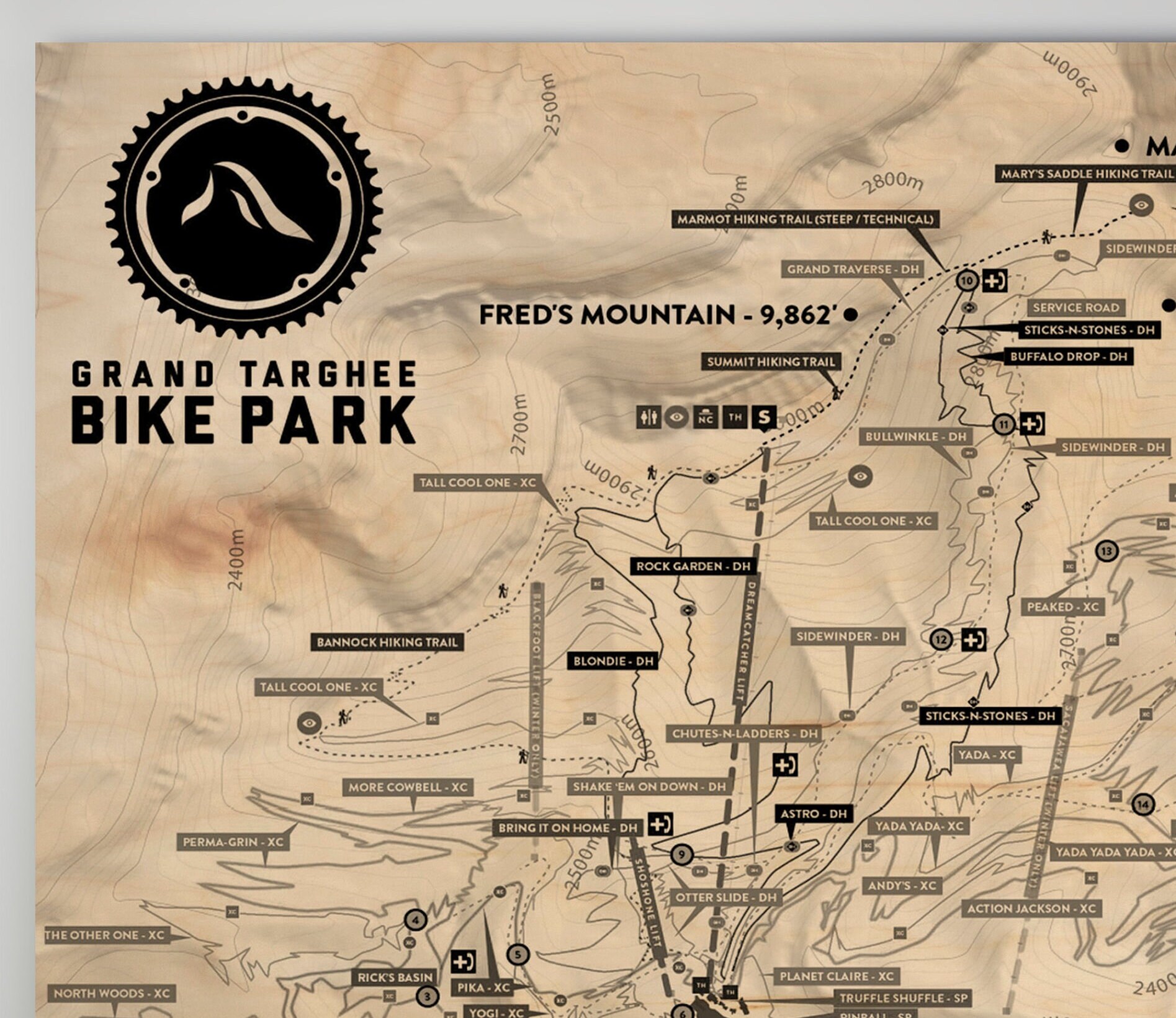 Grand Targhee Summer Resort Licensed Trail Map - Medium Maple Wood ...