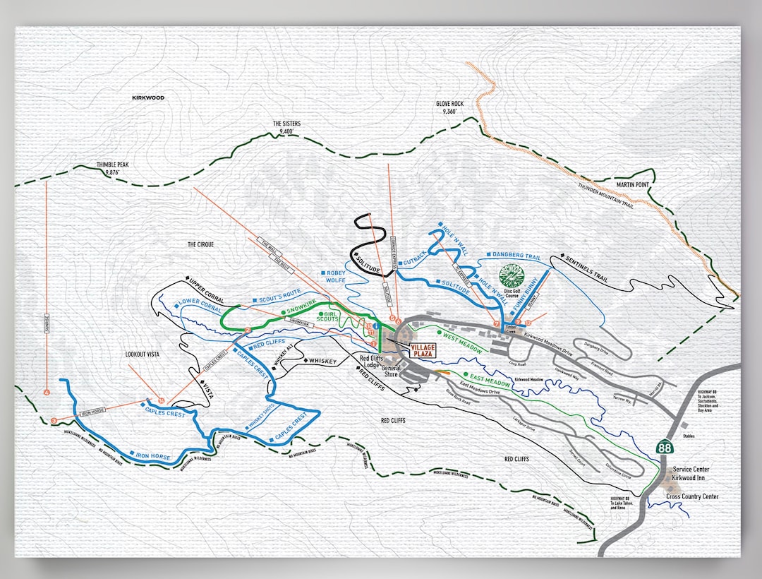 Kirkwood Summer Resort Licensed Trail Map - Large Canvas Print 30" X 58 ...