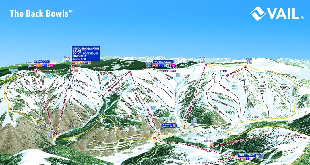 Vail (back Bowls) Resort Licensed Trail Map - Medium Canvas Print 22" X ...