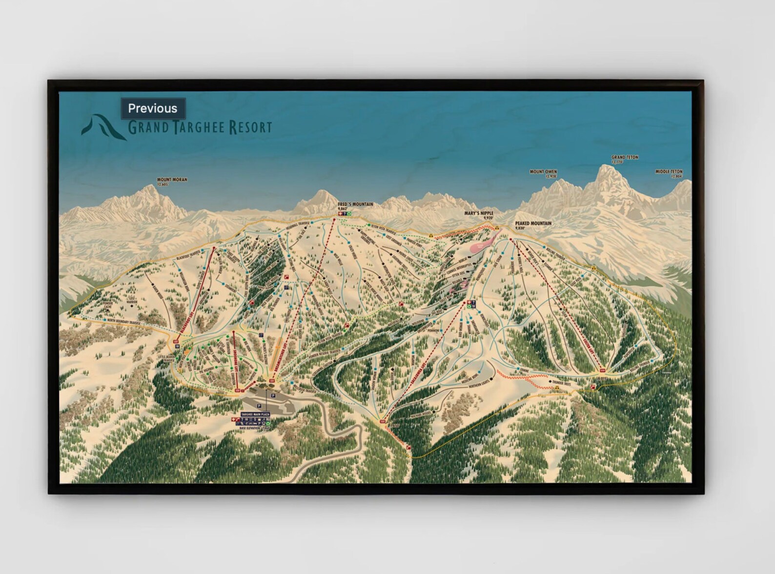 Grand Targhee Resort Licensed Trail Map - Small Maple Wood Print 16" X ...
