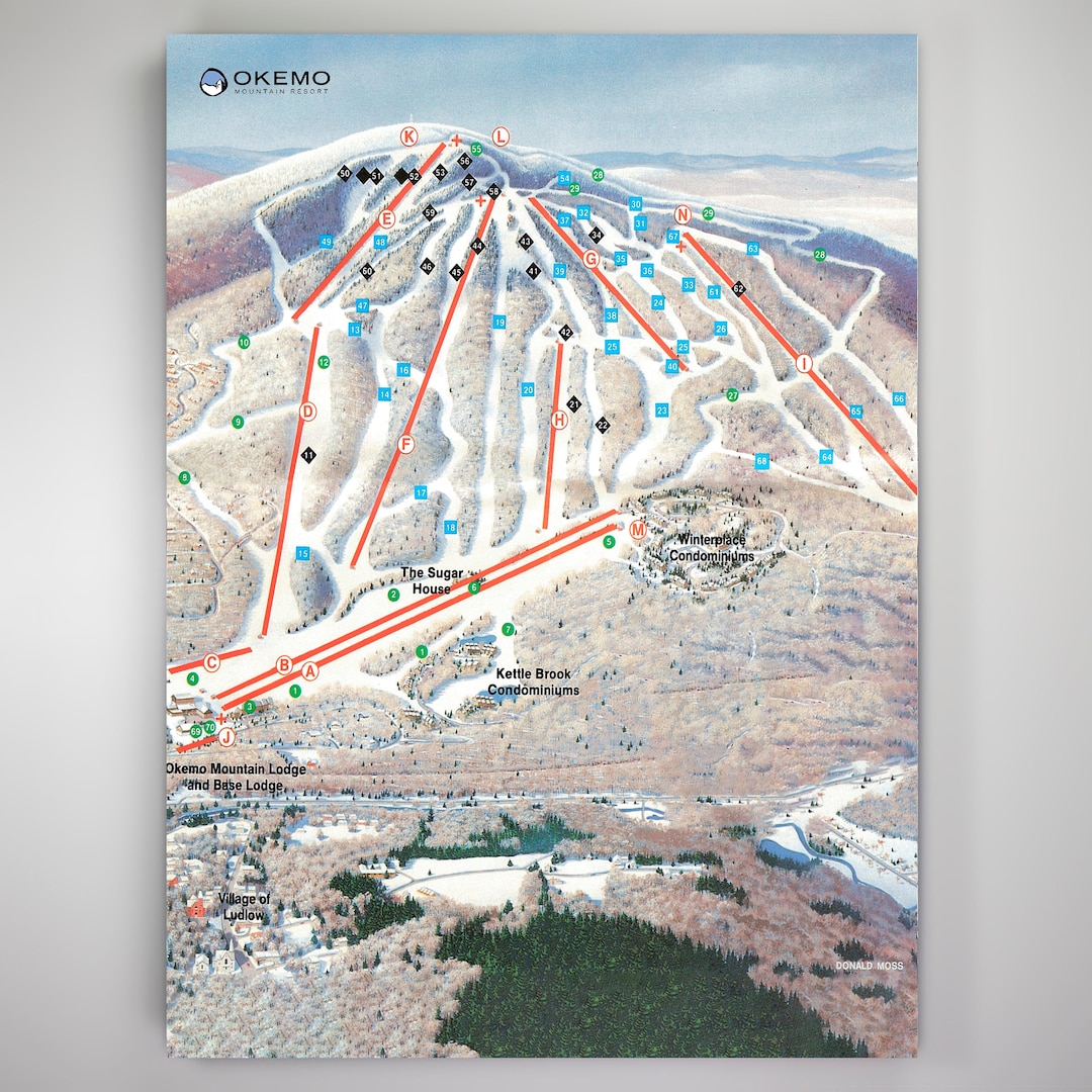Okemo Resort Licensed Trail Map - Large Canvas 32" X 48" - Vintage 1989 ...
