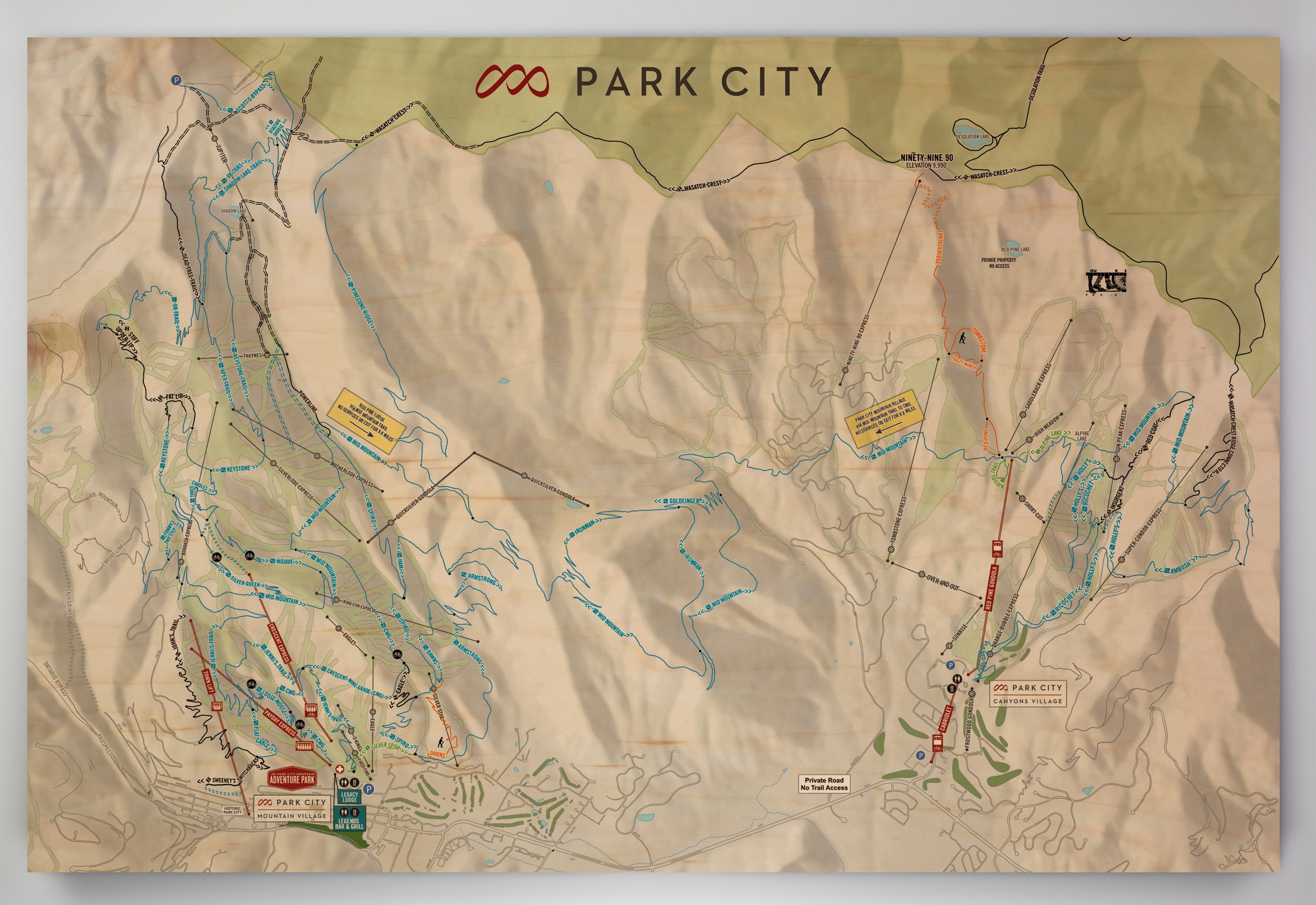 Park City Summer Resort Licensed Trail Map - Small Maple Wood Print 16 ...
