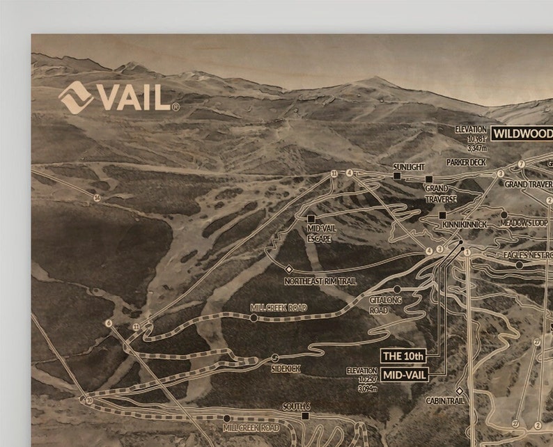 Vail Summer Resort Licensed Trail Map - Medium Maple Wood Print 22" X ...