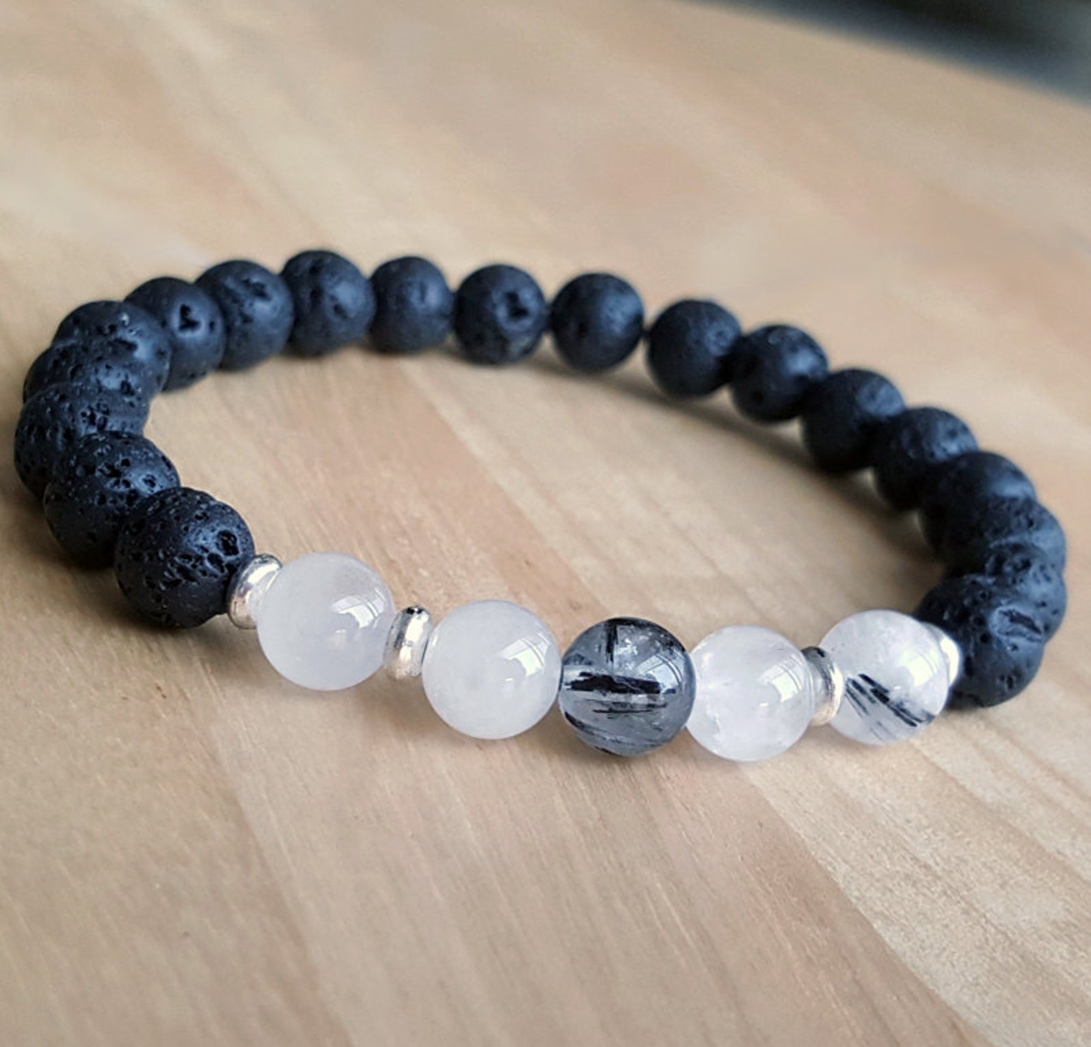 Black Hair Tourmilated Quartz Lava Braceletmen Yoga - Etsy