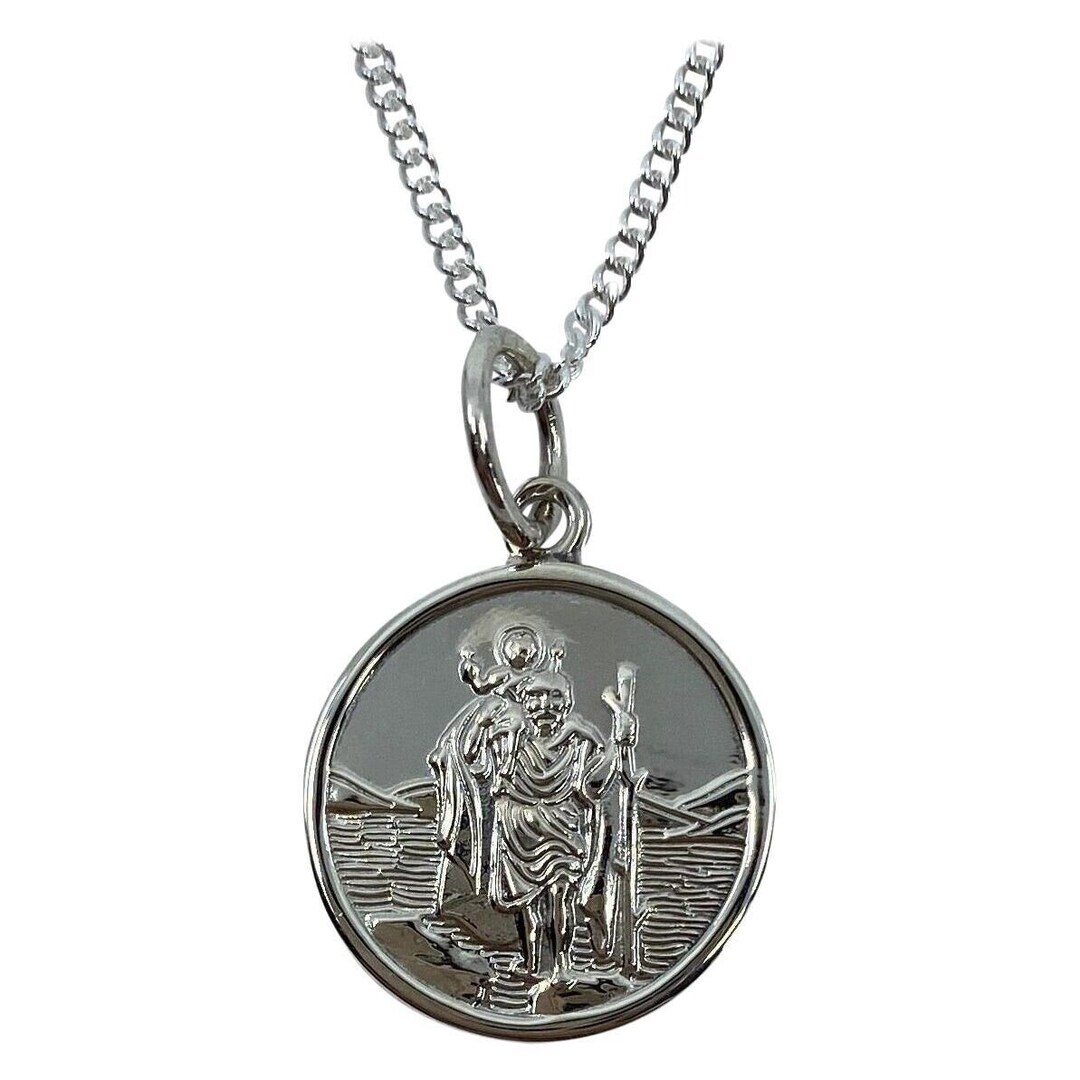 Sterling Silver St. Christopher Medium Round Pendant 16mm Curb Chain ...