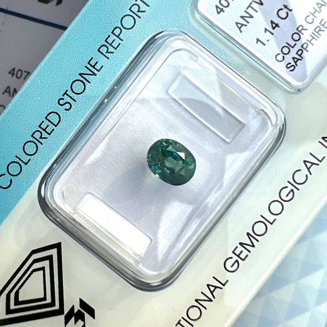 IGI CERTIFIED 1.14ct Colour Change Green Blue Sapphire Oval Cut RARE ...