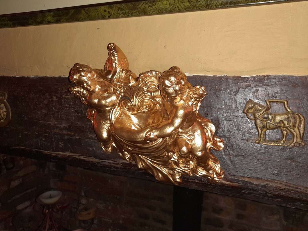 Large Danish Ceramic Cherubs With Font Hanging Christmas Ornament, Gold ...