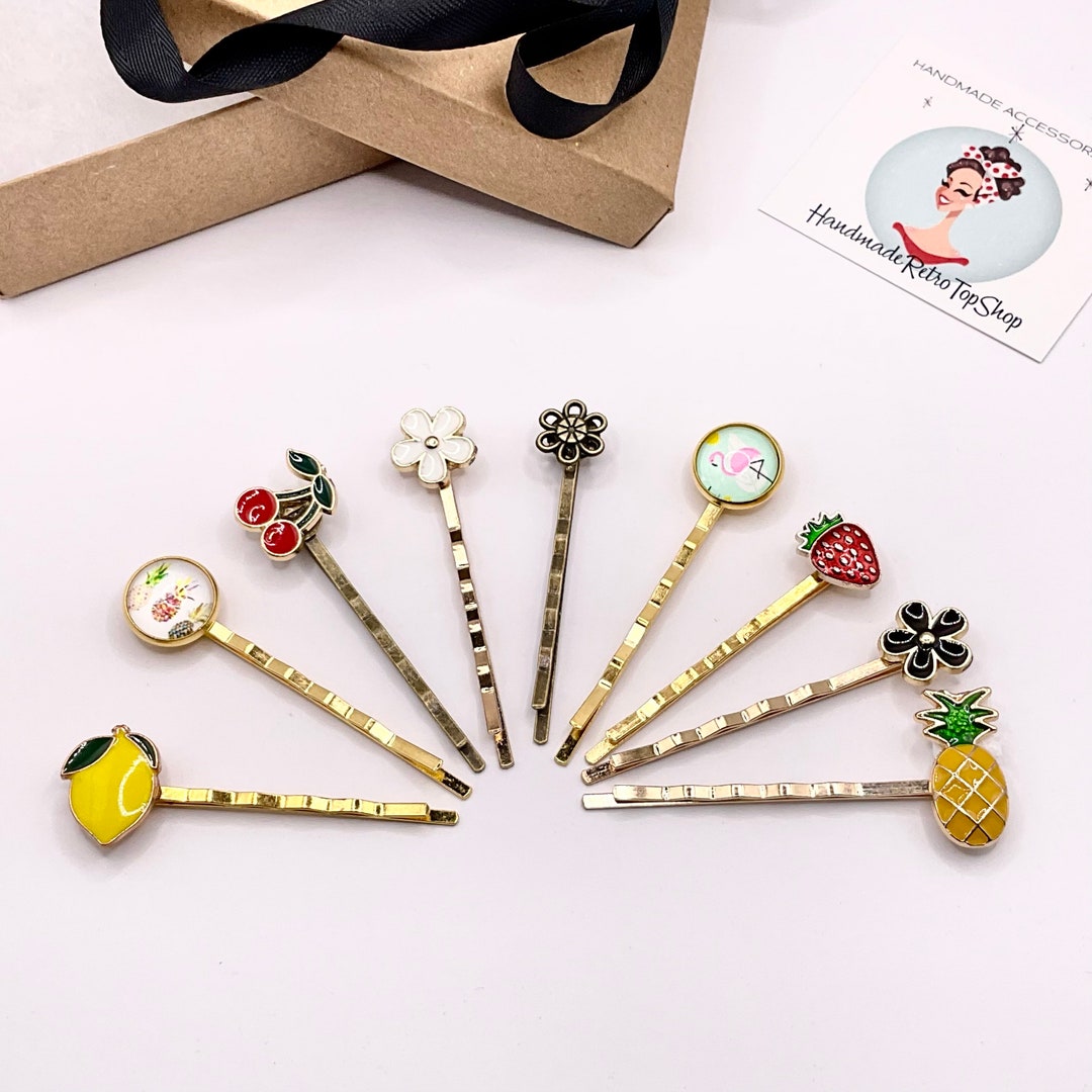 Fruit & Flower Enamel Bobby Pins Cherry Strawberry Pineapple Tropical ...