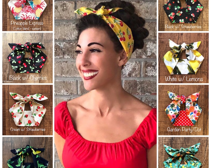 Vintage Style Retro Handmade Headscarf Black With Red Cherries, Land ...