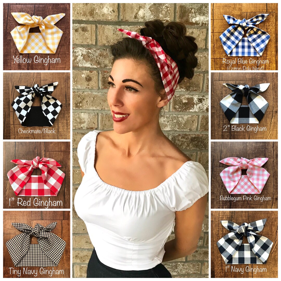 Gingham Check Miranda Retro Hair Wrap Wide Self Tie Headband Bow 1950s ...