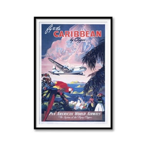 Fly to the Caribbean Poster - Pan American Airways, 1940s Pan Am Travel Art, Tropical Island ...