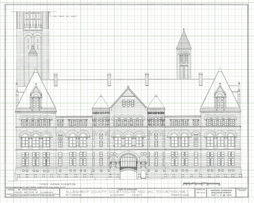 Allegheny County Courthouse and Jail Elevation Drawing Pennsylvania ...