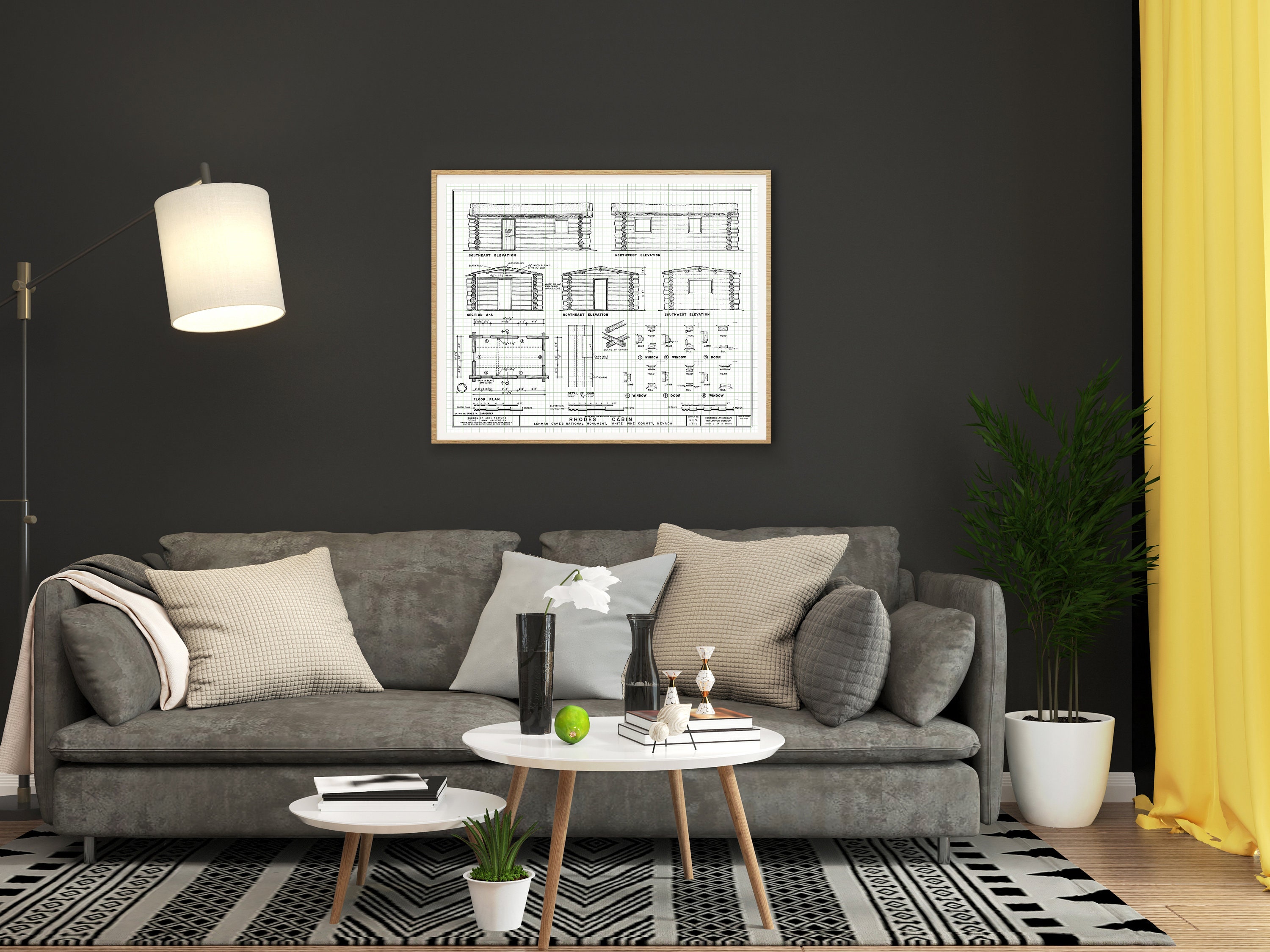 Rhodes Cabin Blueprint Drawing - Cabin Poster, Log Cabin Drawing, Cabin ...