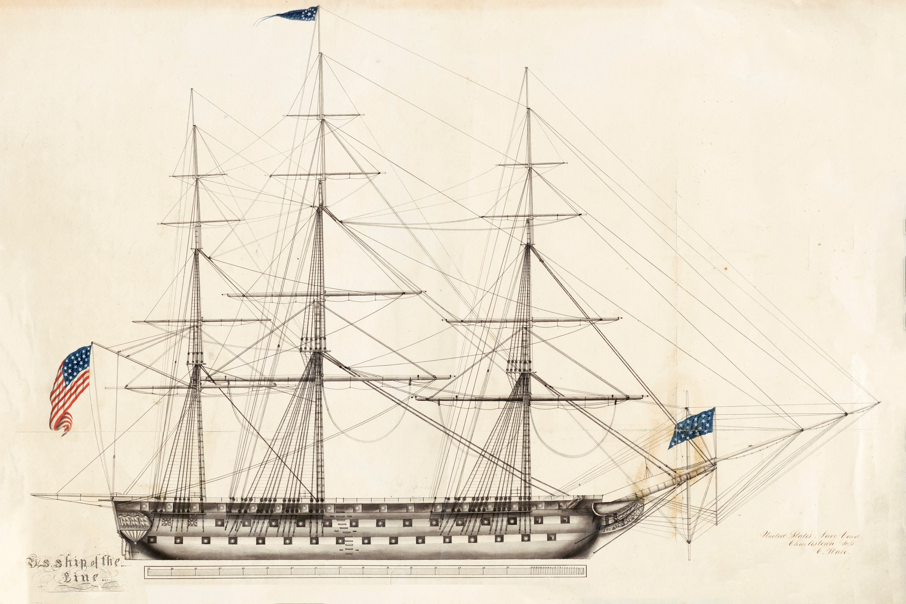 US Ships of the Line Drawing by Charles Ware - Ship Blueprint Drawing ...