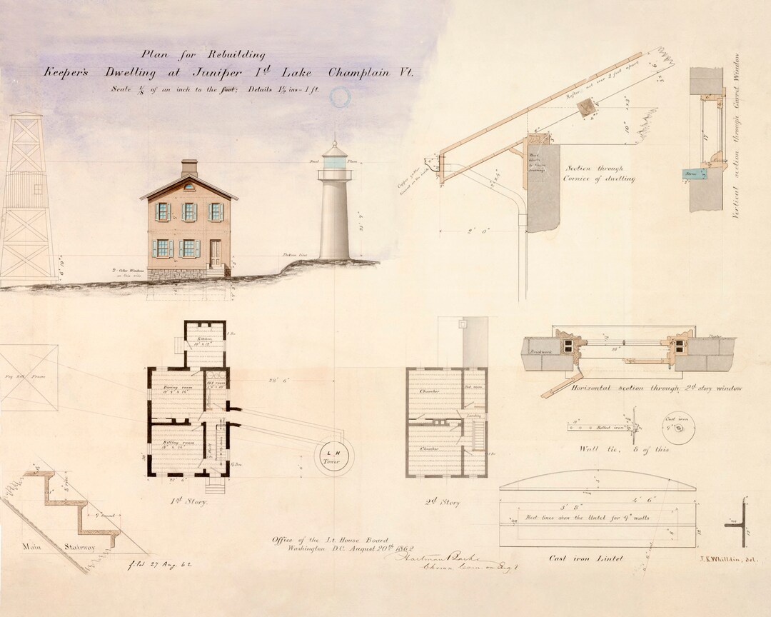 Juniper Island Lighthouse Elevation Drawing - Twin Lights Lighthouse ...