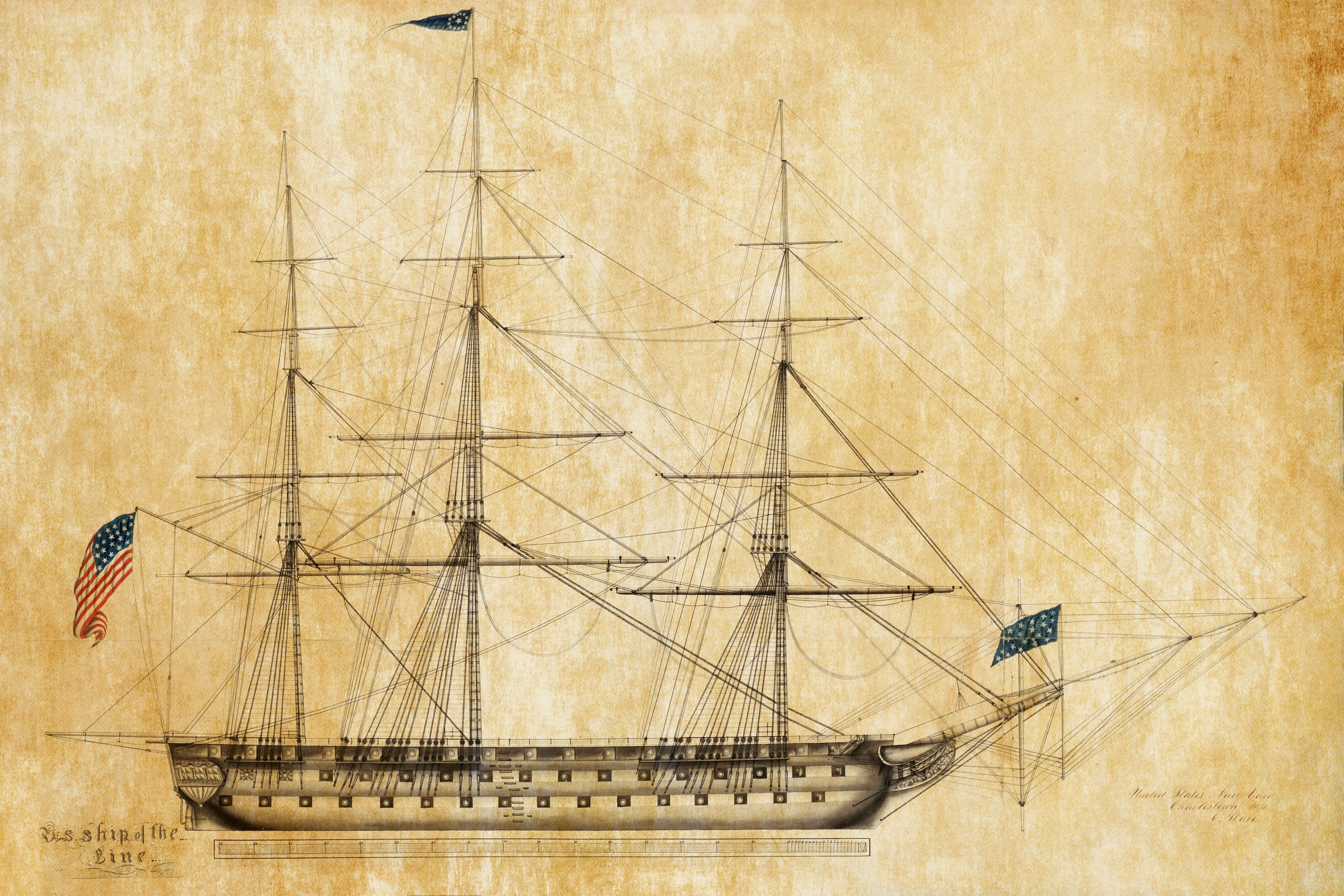 US Ships of the Line Drawing by Charles Ware - Ship Blueprint Drawing ...
