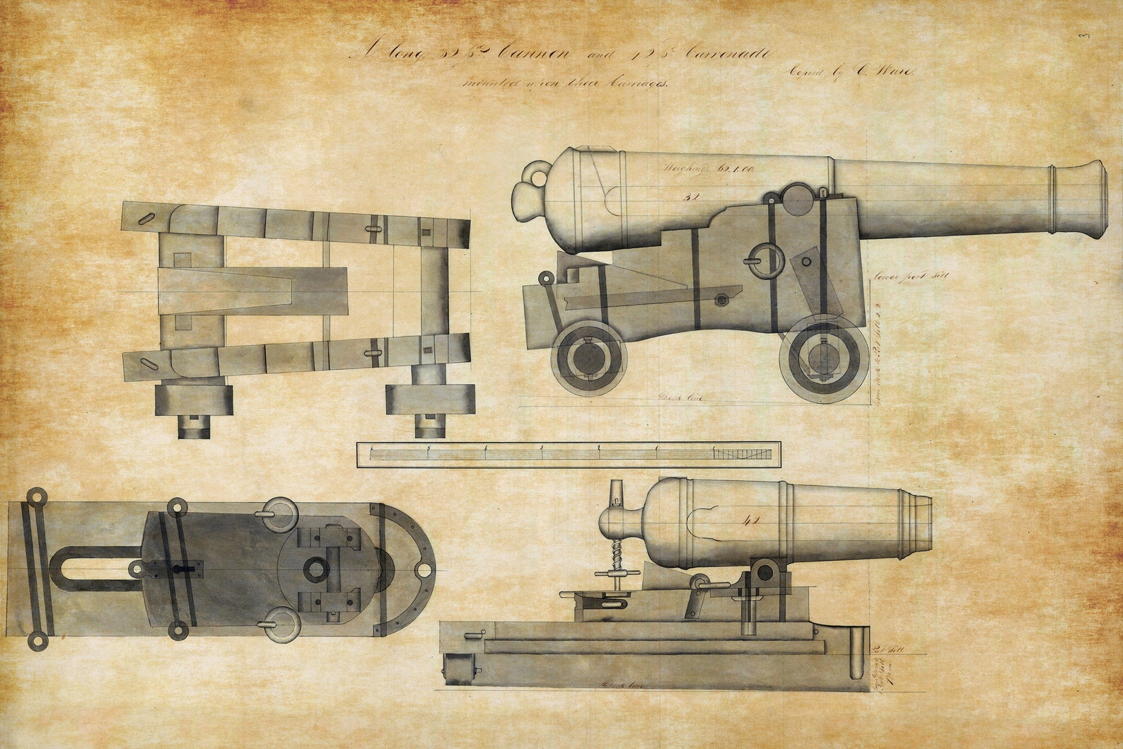 Naval Cannon Blueprint Nautical Blueprint Poster, Ship Blueprint ...