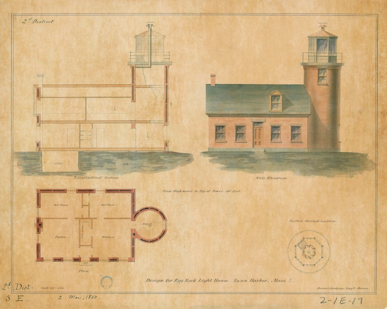 Egg Rock Light Lighthouse Elevation Drawing - Massachusetts Lighthouse ...