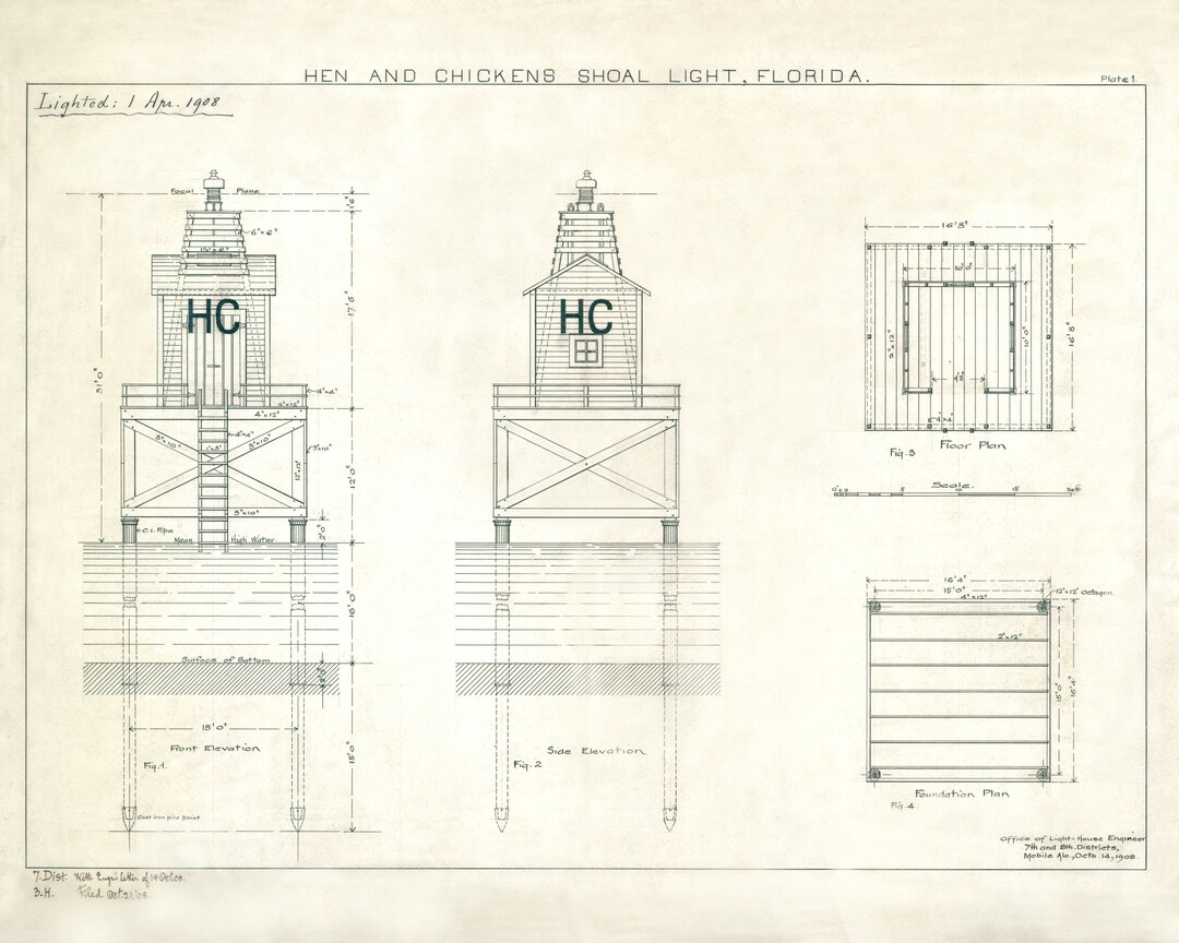 Hen and Chickens Shoal Lighthouse Blueprint – Florida Nautical Print - Etsy