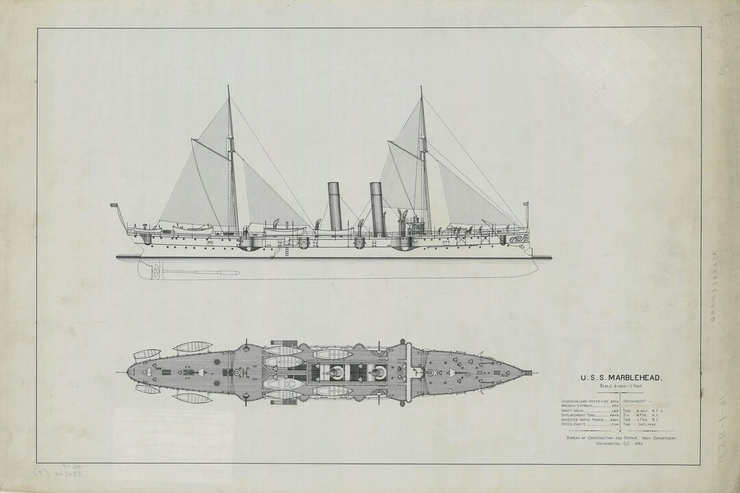 USS Marblehead Blueprint – Vintage Ship Drawing, Naval History Poster ...
