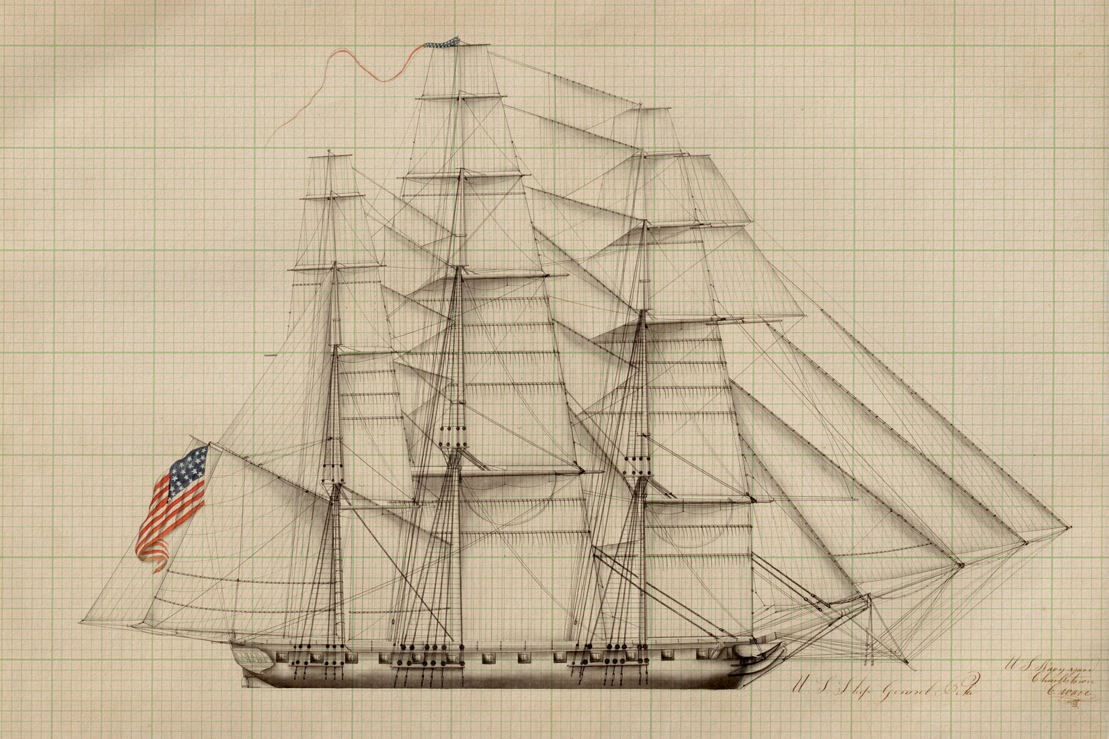 USS General Pike Ship Blueprint Drawing - War of 1812 Corvette Poster ...