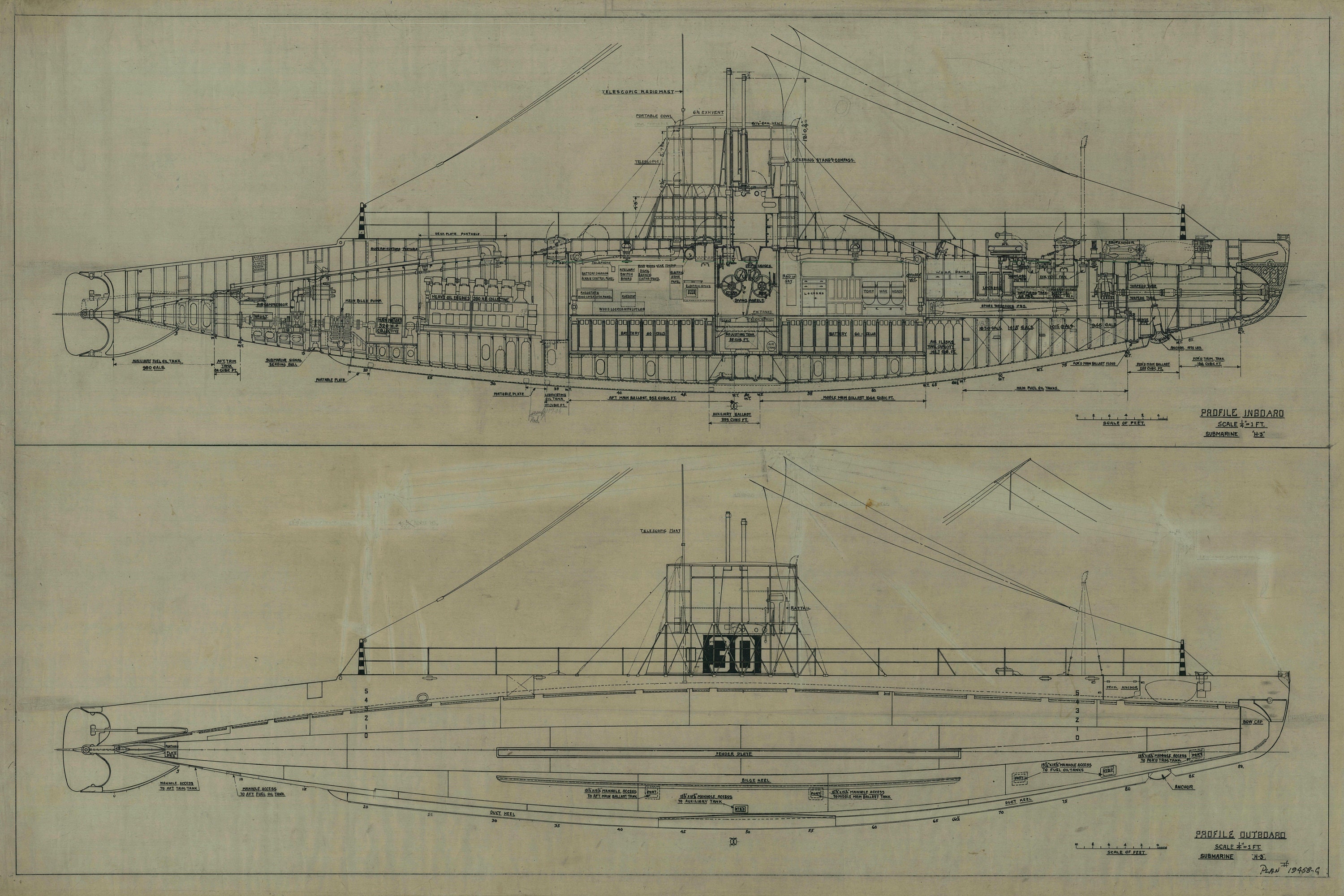 USS H-3 Submarine Blueprint Nautical Poster, Ship Blueprint, Submarine ...