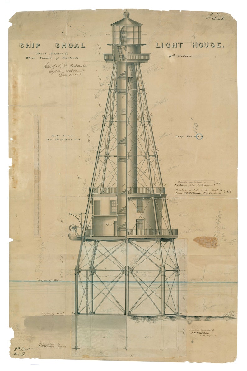 Ship Shoal Lighthouse Blueprint - Louisiana Lighthouse, Ship Shoal ...