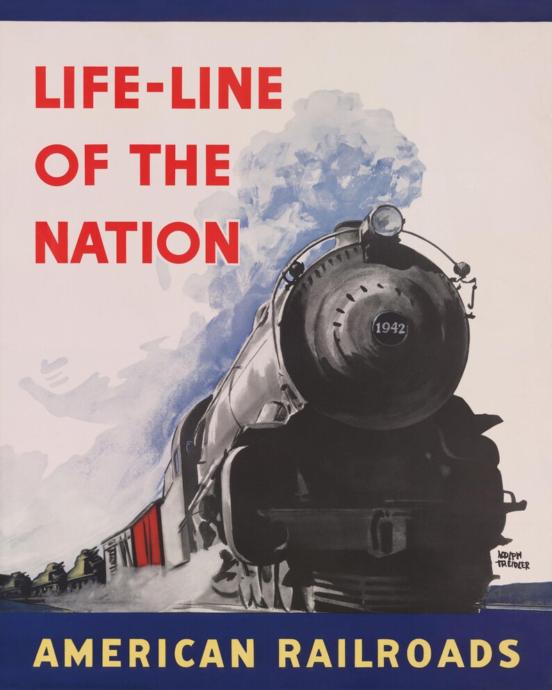 Vintage Train Poster - 1942 WWII Railroad Art, Mid-century Modern Decor ...