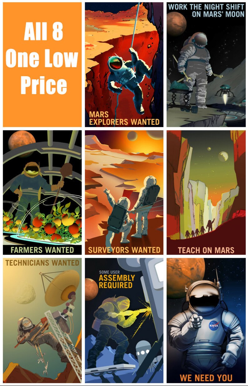 Full Set of 8 NASA Mars Recruitment Poster Prints Mars Poster, Space ...
