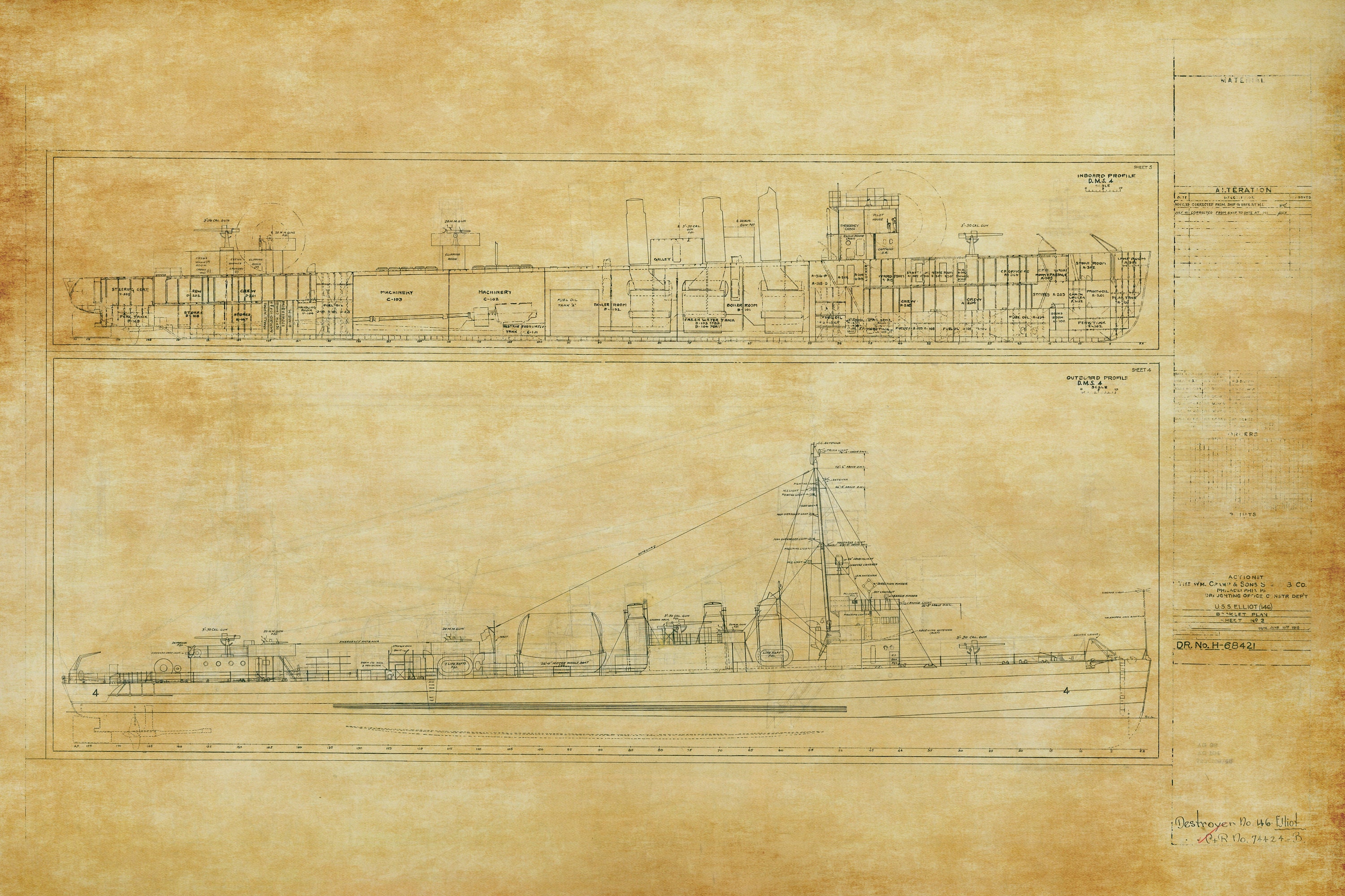 USS Elliot Blueprint Ship Drawing, Navy Ship Blueprint, Battleship ...
