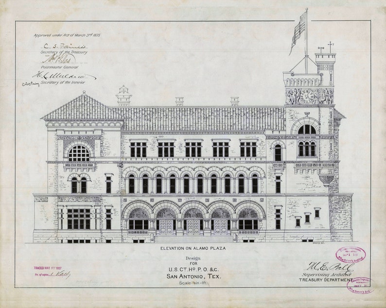 San Antonio Texas Courthouse & Post Office Elevation Drawing ...