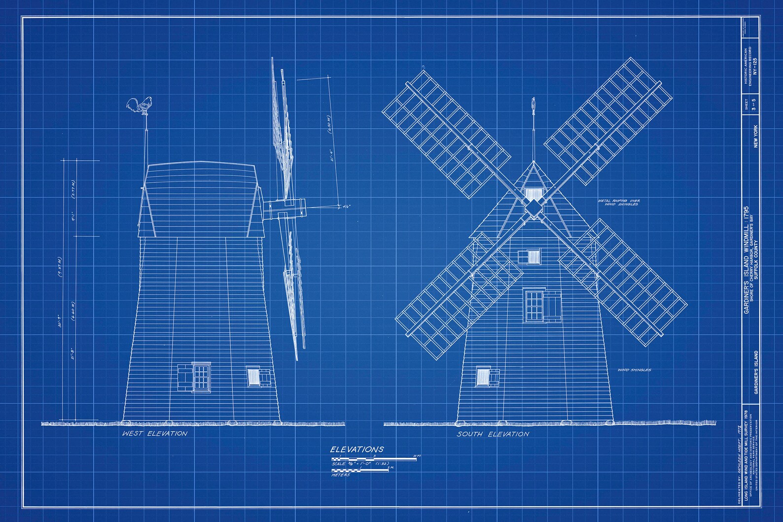 Gardiners Island Windmill Blueprint – 1795 New York Elevation Drawing ...